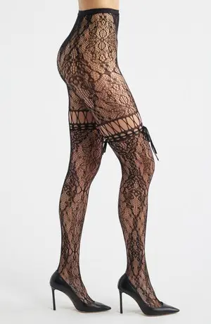 HIGH HEEL JUNGLE Chevonne Fishnet Tights With Satin Ribbon - Black
