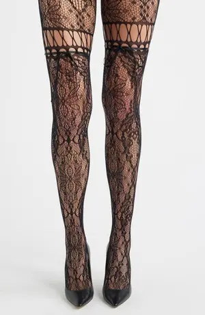 HIGH HEEL JUNGLE Chevonne Fishnet Tights With Satin Ribbon - Black