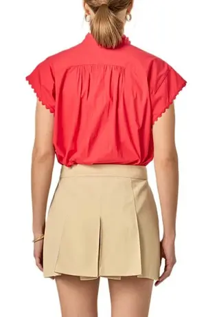 English Factory Rickrack Trim Button-up Cotton Shirt - Red
