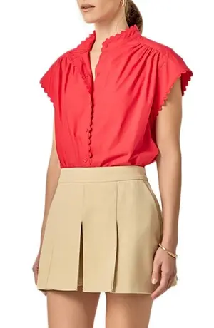 English Factory Rickrack Trim Button-up Cotton Shirt - Red