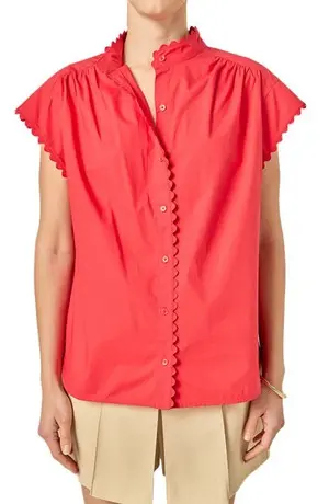 English Factory Rickrack Trim Button-up Cotton Shirt - Red