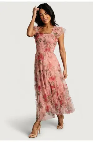 BALTIC BORN Clementine Tulle Midi Dress - Pink Rose Floral