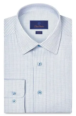 David Donahue Trim Fit Check Cotton Dobby Dress Shirt White/blue
