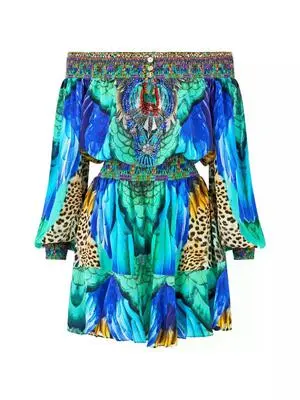 Camilla Jungle Flight Off-shoulder Short Dress - Blue