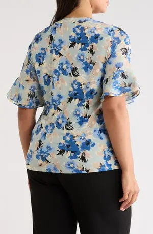 Anne Klein Floral Ruffle Sleeve Top