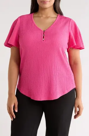 Anne Klein Flutter Sleeve V-neck T-shirt - Pink Berry