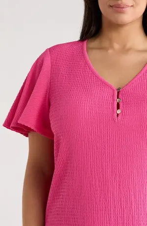 Anne Klein Flutter Sleeve V-neck T-shirt - Pink Berry