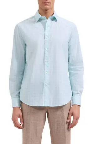 Bugatchi Julian Shaped Fit Check Cotton Button-up Shirt - Sea Spray