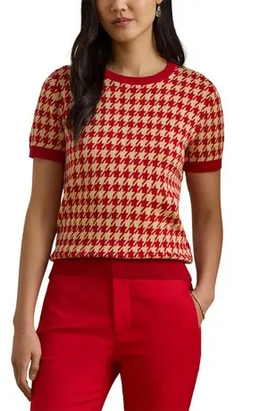 Ralph Lauren Houndstooth Short Sleeve Sweater - Red/tan
