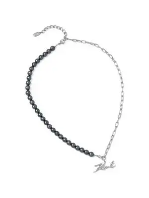 Karl Lagerfeld Beaded Necklace With Logo Pendant - Silver