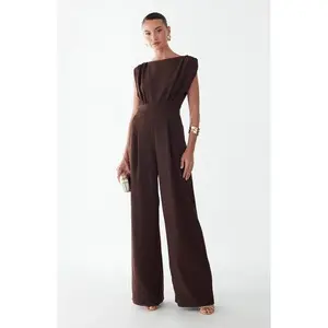 BWLDR Stella Jumpsuit Wide Leg, Boatneck, Grown-on Sleeve - Chocolate