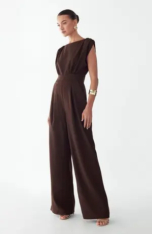 BWLDR Stella Jumpsuit Wide Leg, Boatneck, Grown-on Sleeve - Chocolate