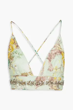 Zimmermann Crystalembellished Floralprint Linen And Silkblend Bra Top - Mint