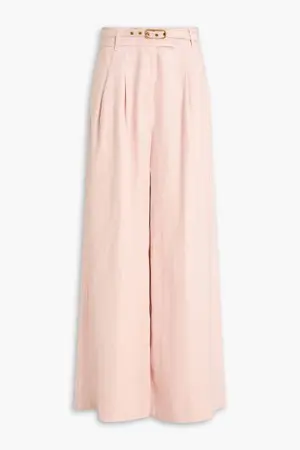 Zimmermann Belted Pleated Linen Wideleg Pants - Baby Pink