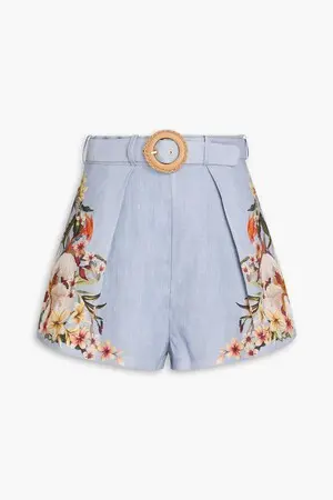 Zimmermann Belted Floralprint Linen Shorts - Light Blue