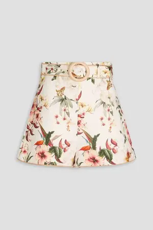 Zimmermann Lexi Belted Floralprint Linen Shorts - Ivory