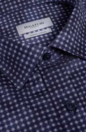 Bugatchi Axel Shaped Fit Geo Floral Stretch Cotton Button-up Shirt - Navy