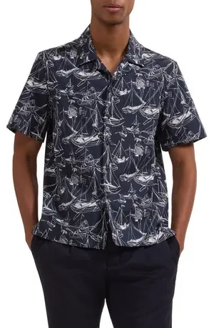 Bugatchi Jackson Marina Print Stretch Cotton Camp Shirt - Navy