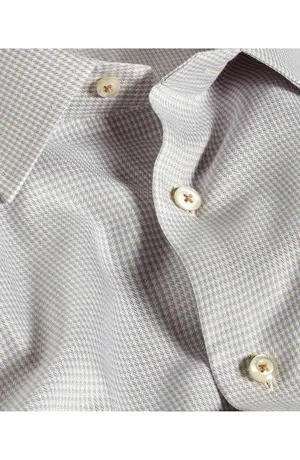 David Donahue Trim Fit Herringbone Check Cotton & Silk Dress Shirt - Sky/dune