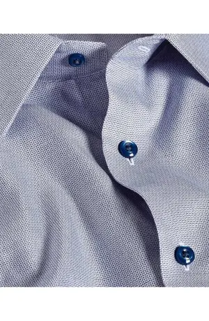 David Donahue Trim Fit Herringbone Micro Print Cotton & Silk Dress Shirt - Navy/white
