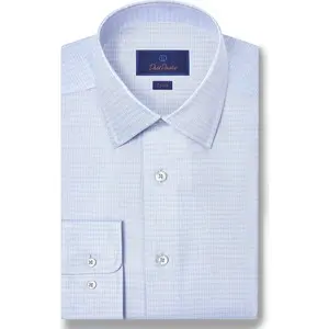David Donahue Trim Fit Check Cotton & Silk Twill Dress Shirt - Sky