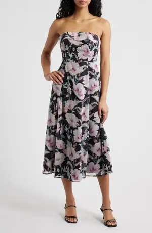 Lulus Elena Floral Strapless Cocktail Midi Dress - Black Floral