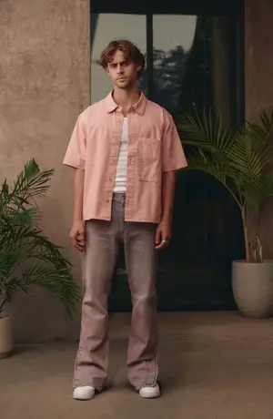 Hudson Jeans Rex Oversize Short Sleeve Cotton Poplin Button-up Shirt - Faded Rose
