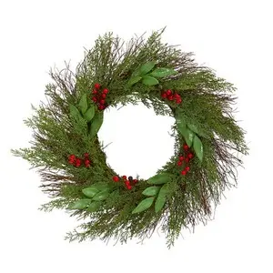 NEARLY NATURAL 20-in Cedar And Ruscus With Berries Artificial Wreath - Green/red