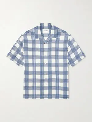 JIL SANDER Camp-collar Checked Poplin Shirt - Blue