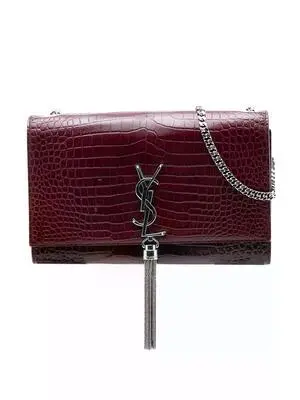 Saint Laurent 2016 Medium Croc Embossed Leather Monogram Kate Tassel Crossbody Bag - Red