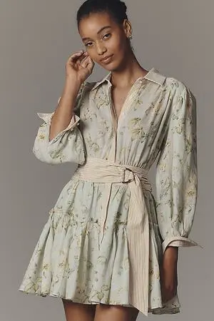 EN SAISON Rylee Long-sleeve Belted Shirt Dress - Sage Olive Yellow