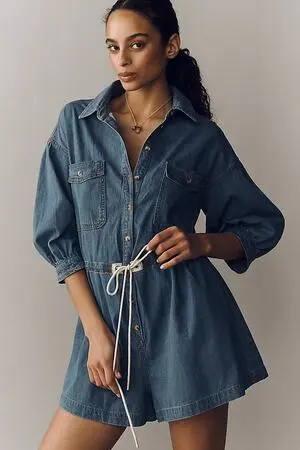 PILCRO Cotton Washed Denim Drawstrg Romper