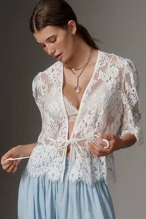 Anthropologie Puffed Sleeve Lace Top - White
