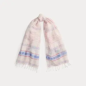 Ralph Lauren Logo Plaid Linen-cotton Scarf - White Multi