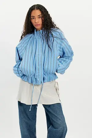 Free People Devon Striped Balloon Funnel-neck Jacket - Blue