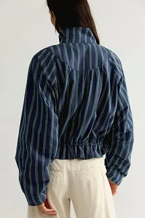 Free People Devon Striped Balloon Funnel-neck Jacket - Navy Combo