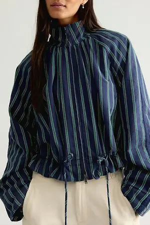 Free People Devon Striped Balloon Funnel-neck Jacket - Navy Combo