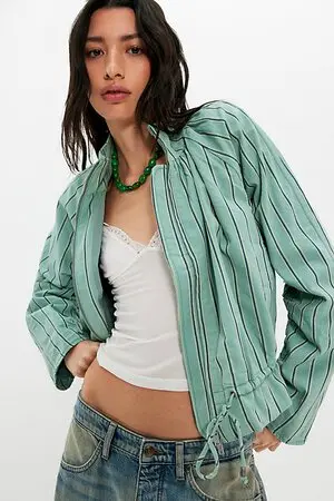 Free People Devon Striped Balloon Funnel-Neck Jacket Slate Combo
