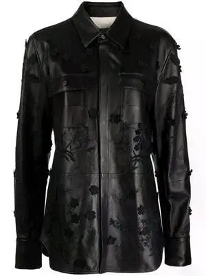 Elie Saab Floral-embroidered Leather Shirt Jacket