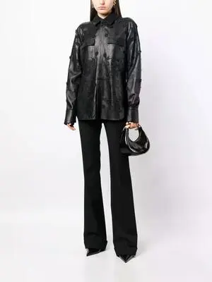 Elie Saab Floral-embroidered Leather Shirt Jacket