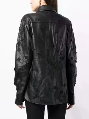 Elie Saab Floral-embroidered Leather Shirt Jacket