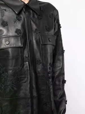 Elie Saab Floral-embroidered Leather Shirt Jacket