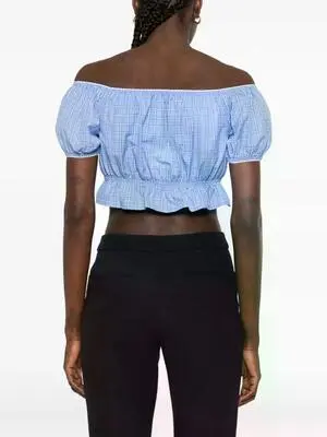Miu Miu Checked Poplin Crop Top With Voluminous Sleeves - Blue
