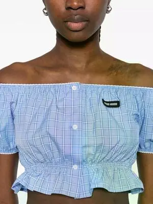 Miu Miu Checked Poplin Crop Top With Voluminous Sleeves - Blue