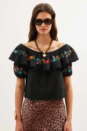 Rixo Lisette Ombre Floral Embroidery Top