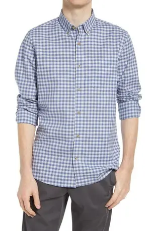 Nordstrom Trim Fit Gingham Linen & Cotton Button-down Shirt - Blue Angelite - Blue Gigham