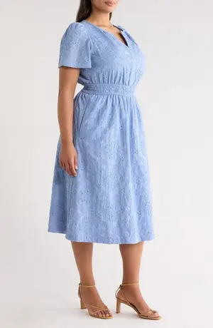 Anne Klein Embroidered Eyelet Lace Midi Dress - Surf Blue