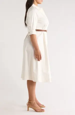 Anne Klein Belted Elbow Sleeve Cotton Sateen Shirtdress