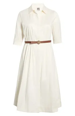 Anne Klein Belted Elbow Sleeve Cotton Sateen Shirtdress