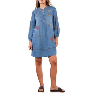BILLY T La La La Embroidered Long Sleeve Denim Dress - Washed Denim
